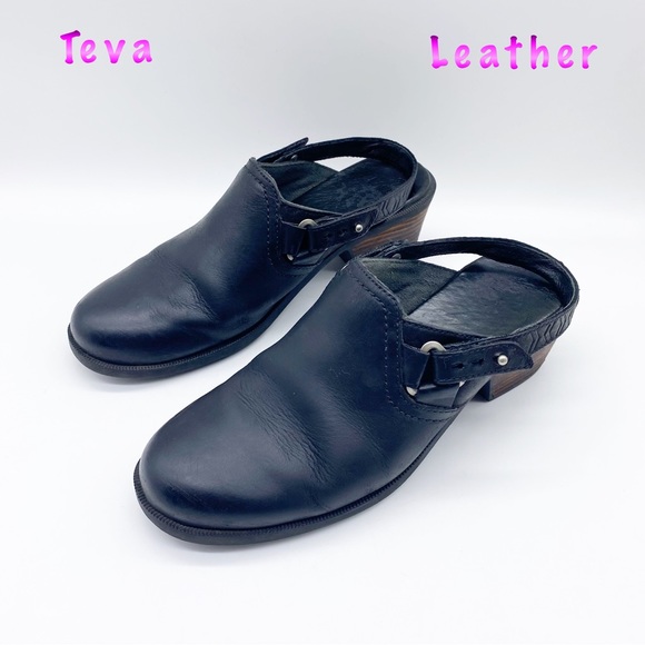 Teva | Shoes | Tevablack Leather Wooden Heel Clogs 75 | Poshmark